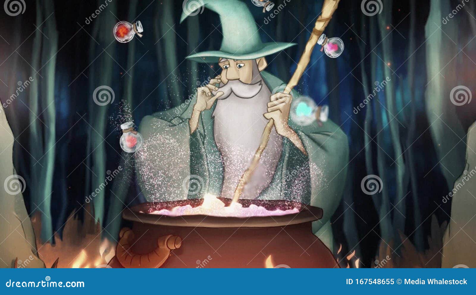 Abstract Animation of an Old Wizard Making a Potion Above Boiling Pot ...