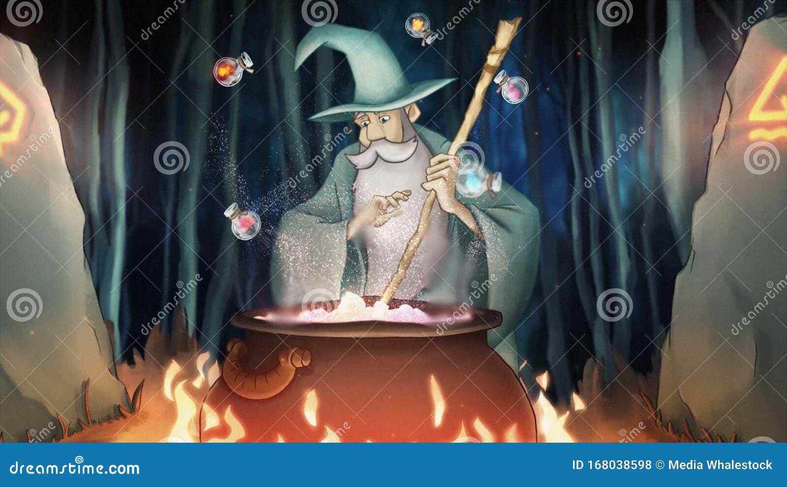Abstract Animation of an Old Wizard Making a Potion Above Boiling Pot ...