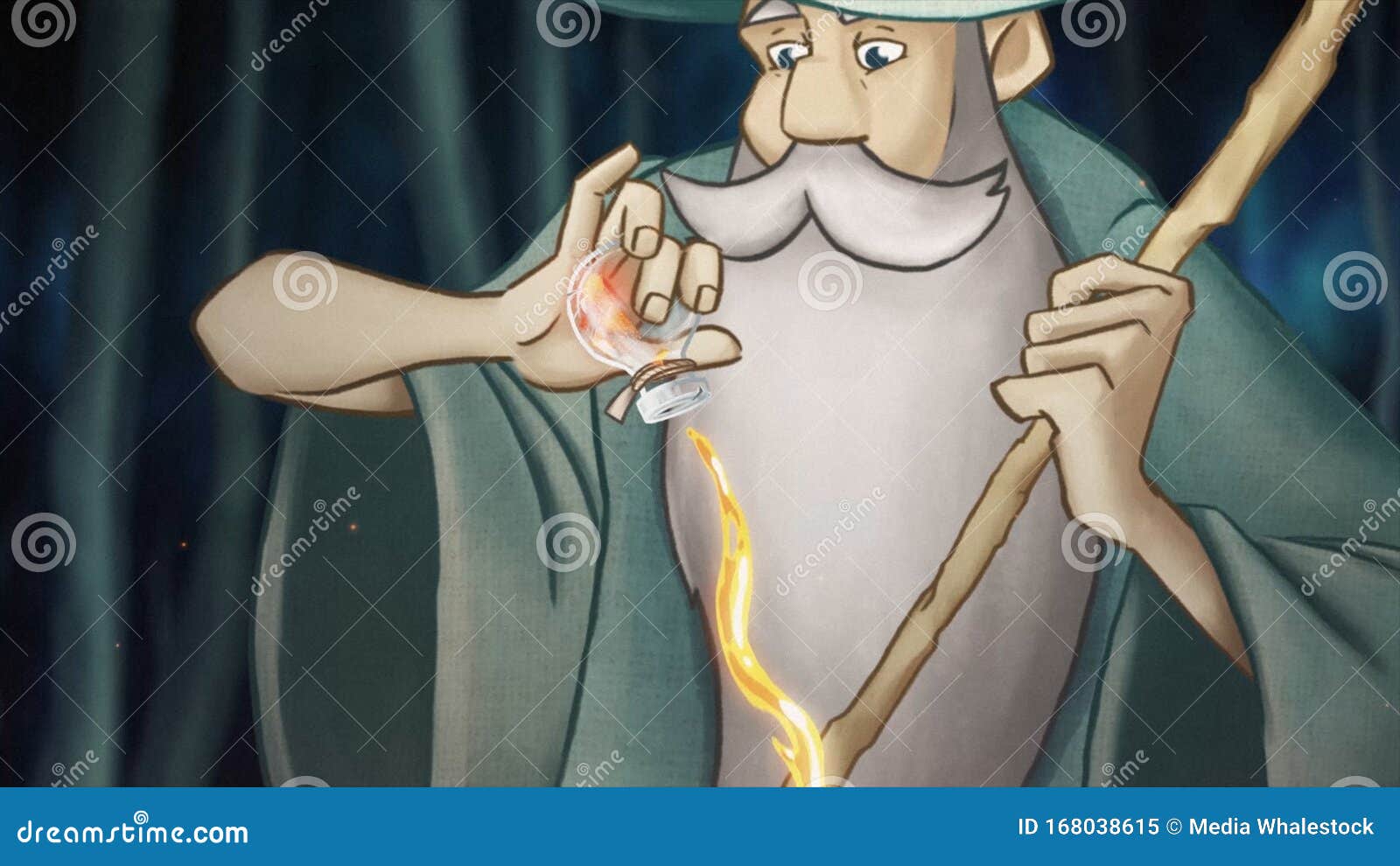 Abstract Animation of an Old Wizard Making a Potion Above Boiling Pot ...