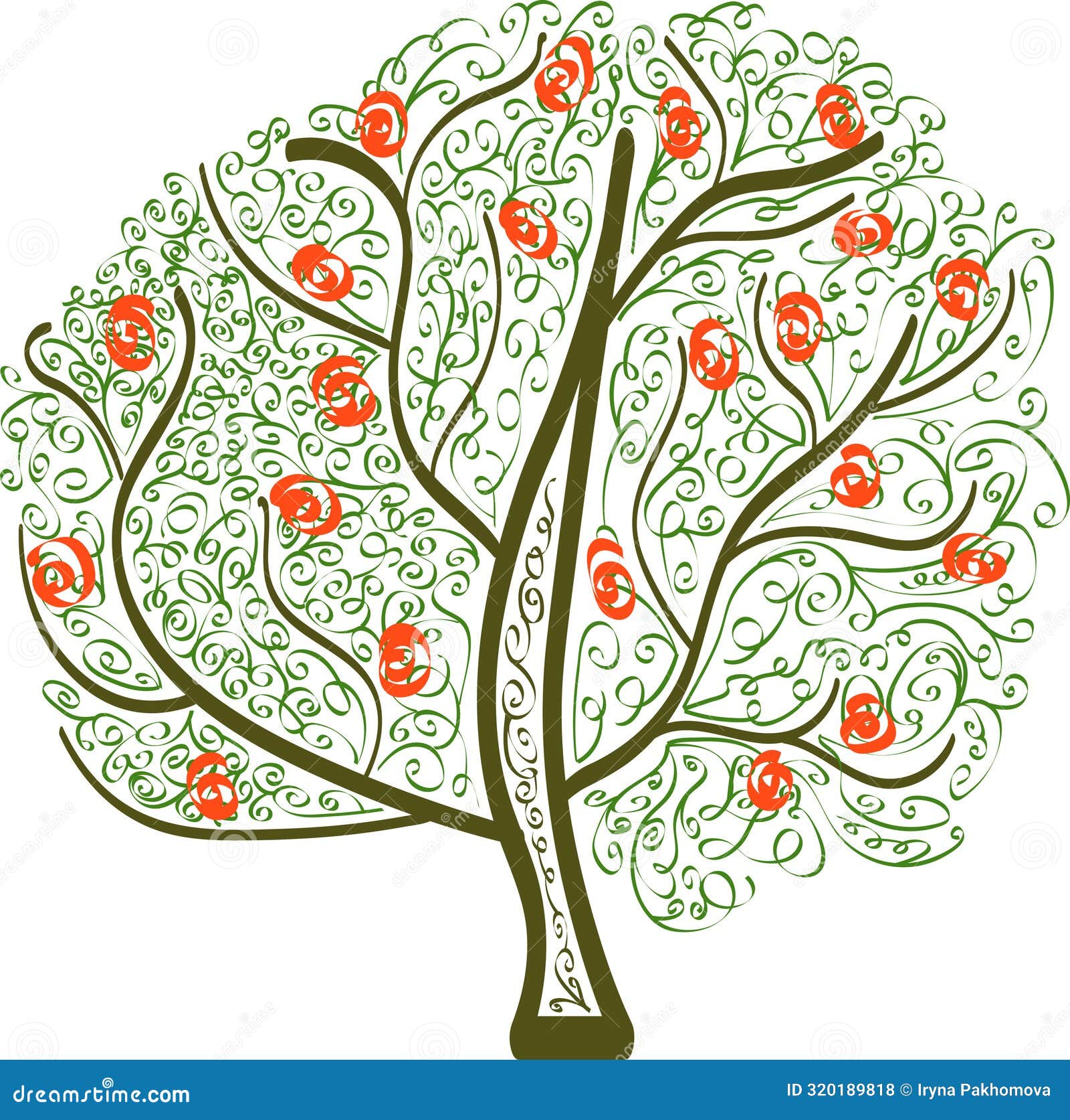 Abstract Apple Tree Illustration in Contour Line Drawing by Handwriting ...