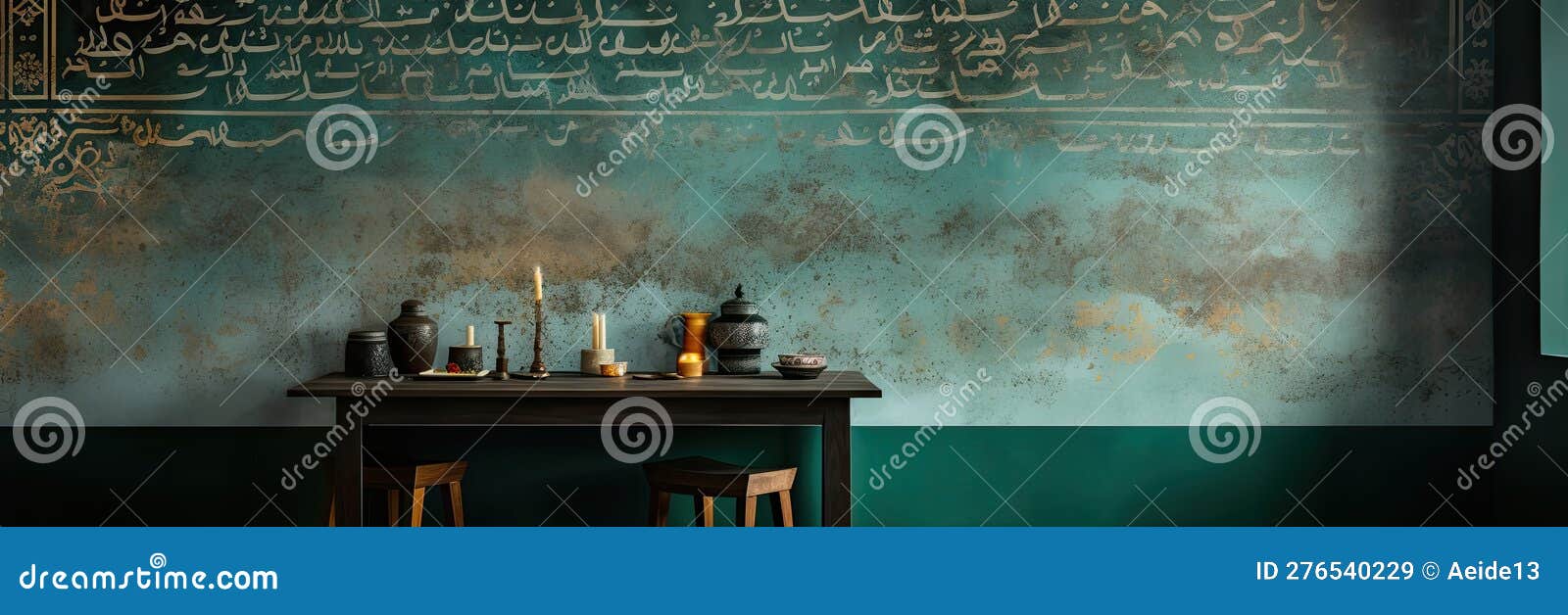Abstract Arabic Writing on a Teal Wall. Golden Script. Ramadan in a ...
