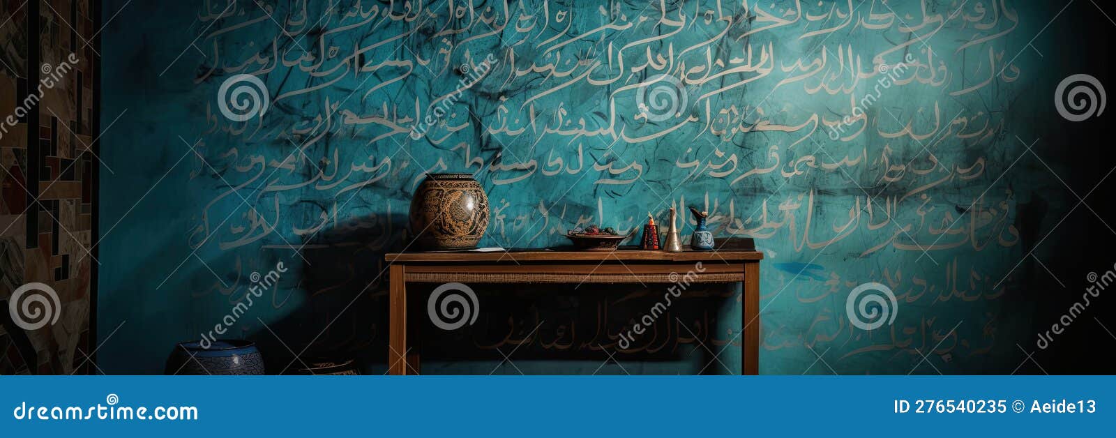 Abstract Arabic Writing on a Teal Wall. Golden Script. Ramadan in a ...