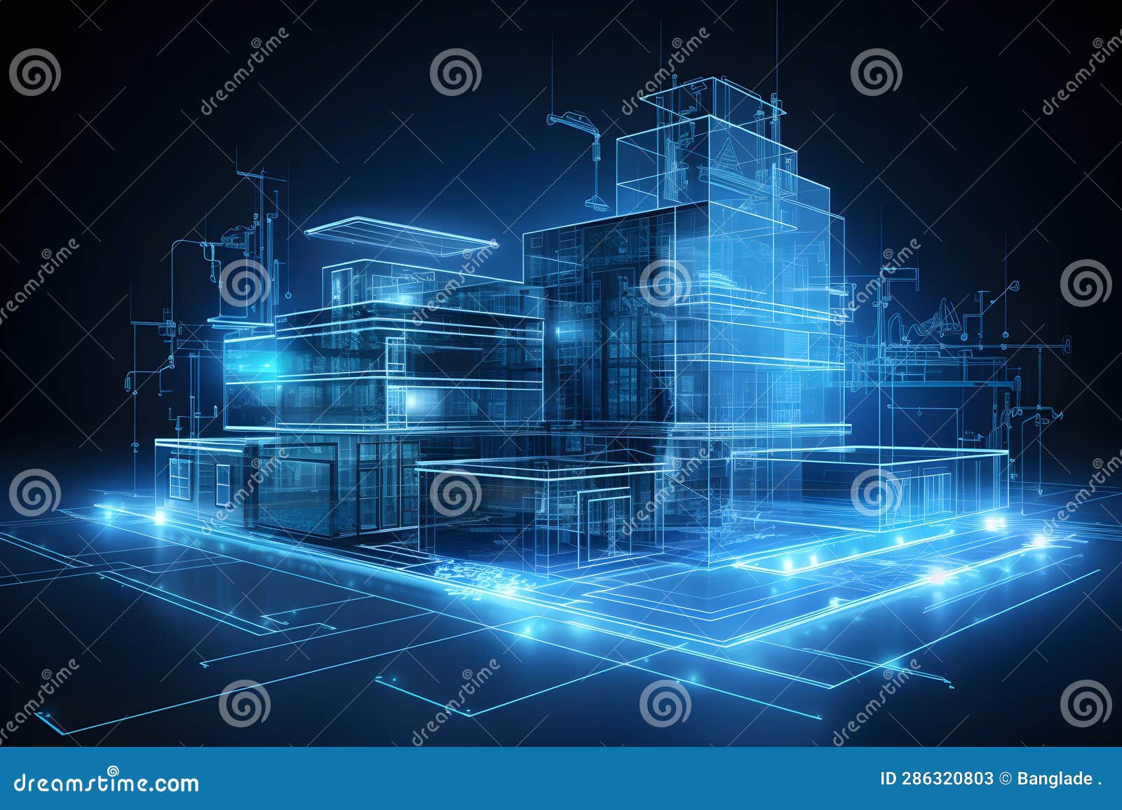 Abstract Architectural 3D Wireframe Render of a Modern Building on Blue ...