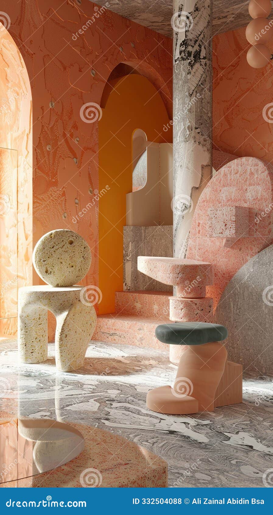 Abstract Architectural Interior with Colorful Stone Sculptures Stock ...