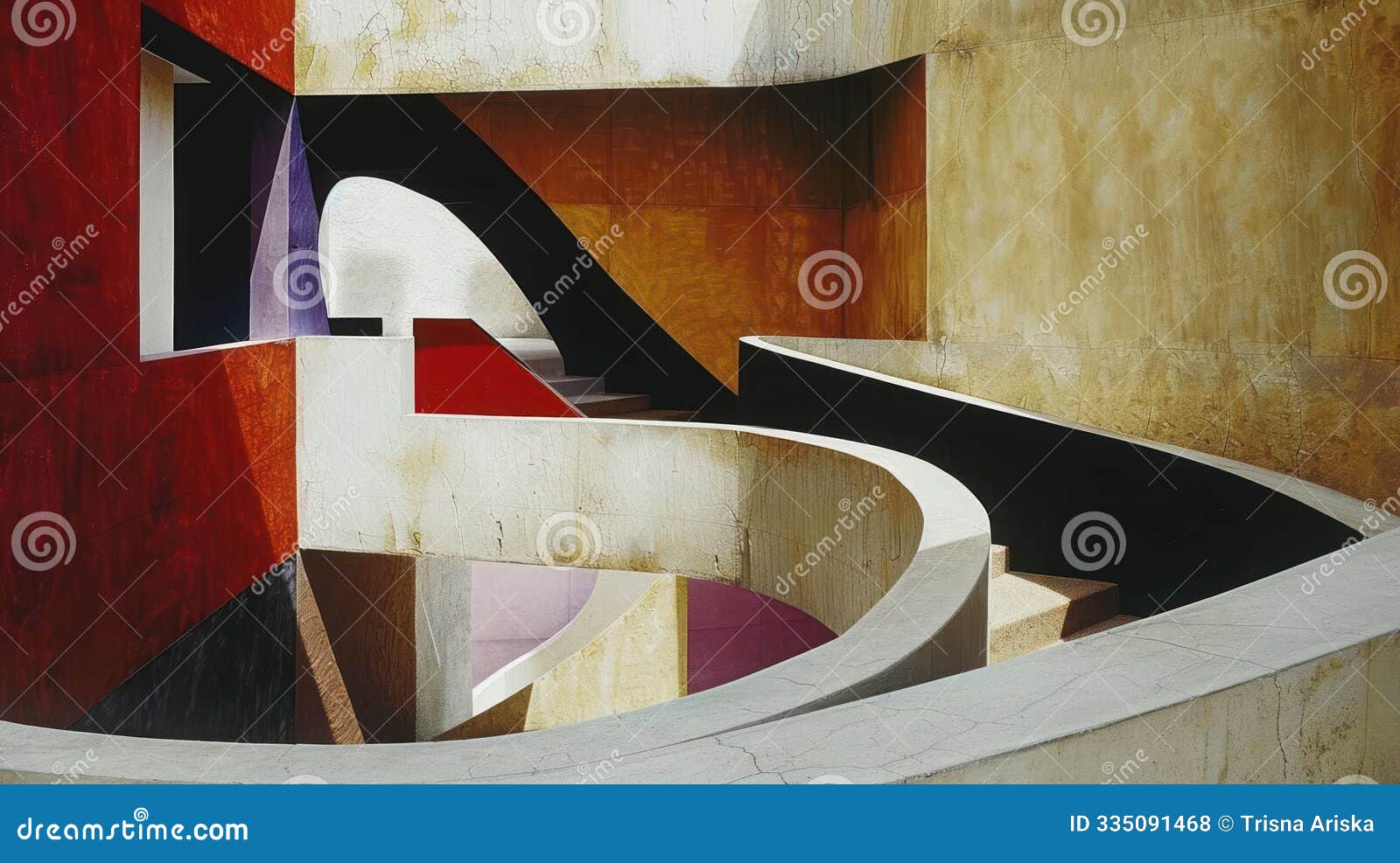 Abstract Architectural Space with Colorful Walls and Curved Pathways ...