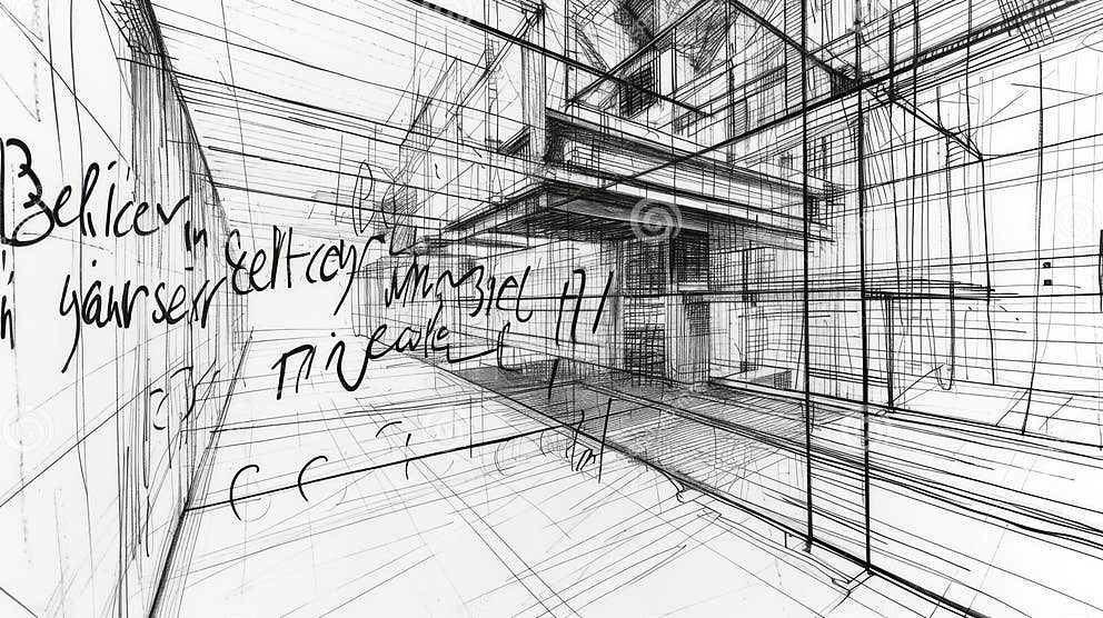 Abstract Architectural Wireframe Design with Handwritten Elements Stock ...