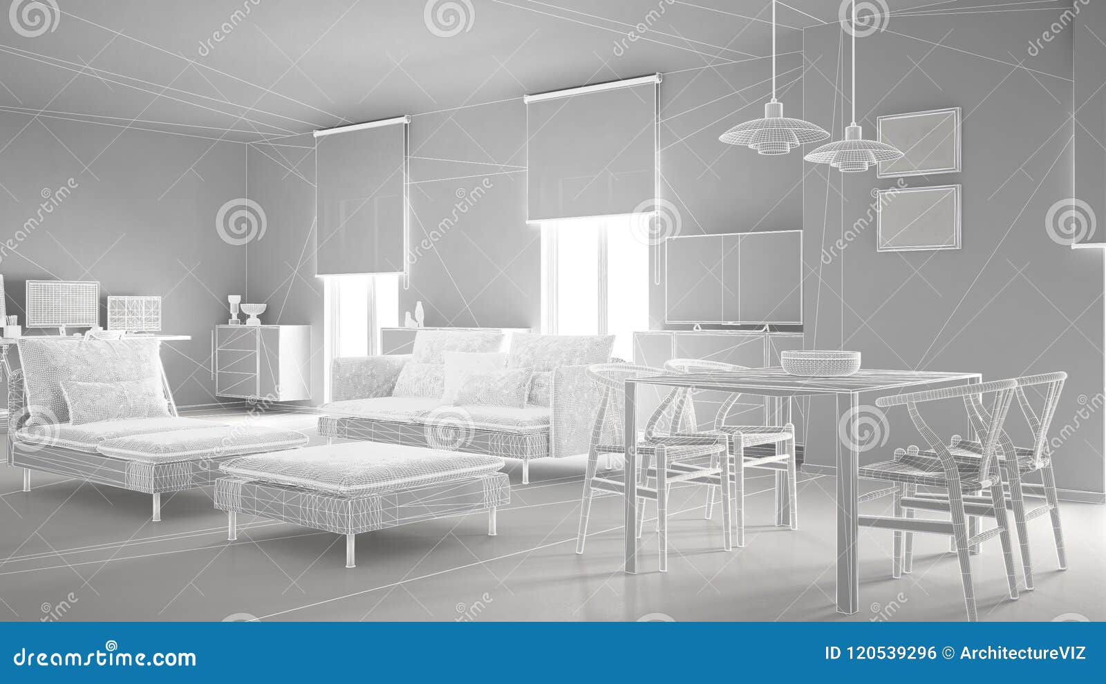 Abstract Architecture Interior Design, Modern Living Room, Wireframe ...