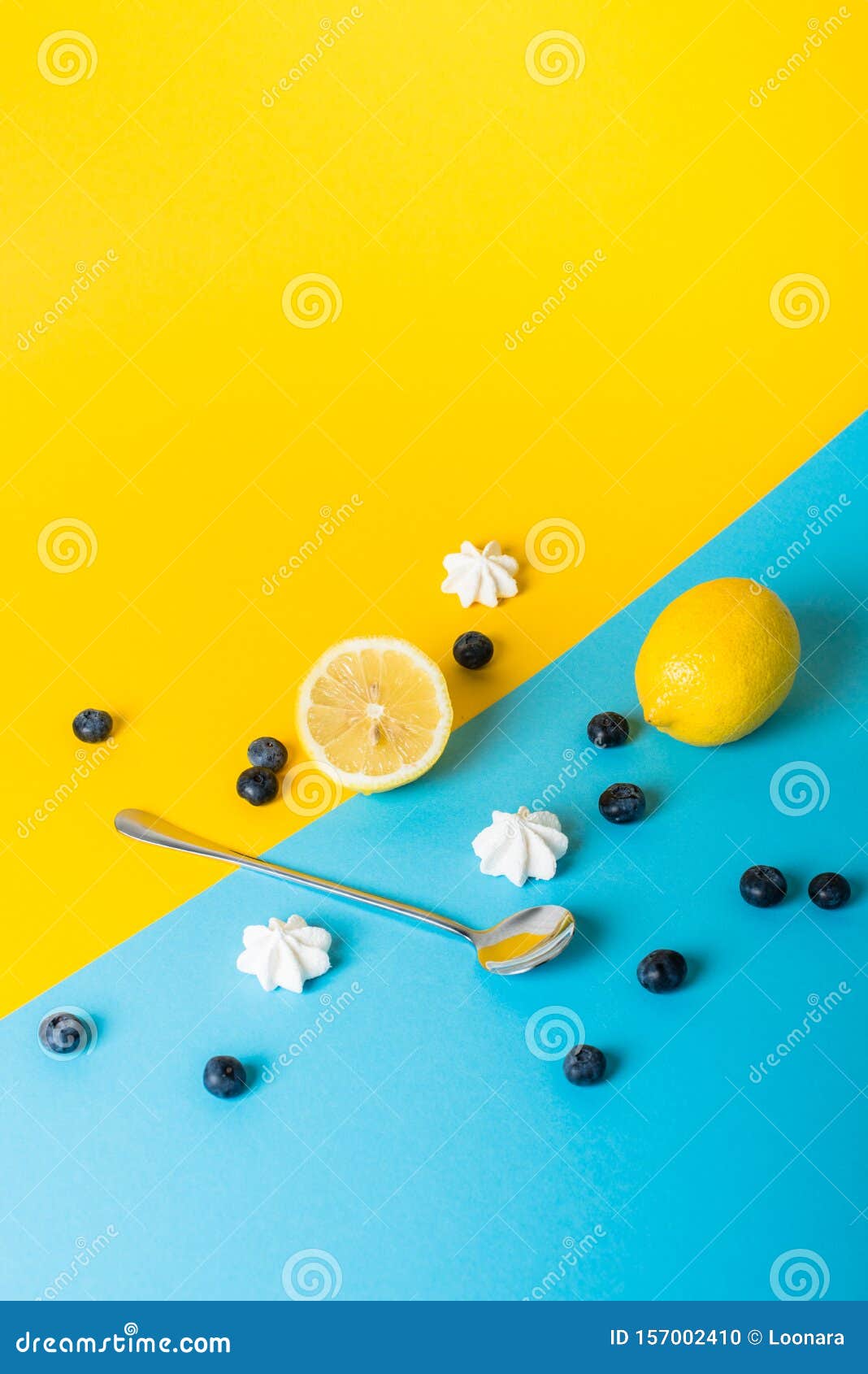 Abstract Arrangement with Food and Different Objects on Yellow and Blue ...