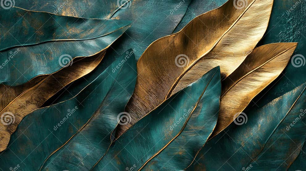 Abstract Arrangement of Gold and Teal Leaf Patterns Stock Illustration ...