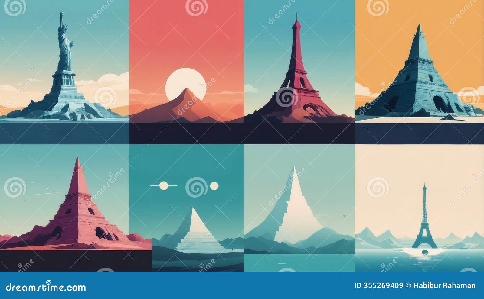 Abstract Art Collage of Famous Landmarks Stock Illustration ...