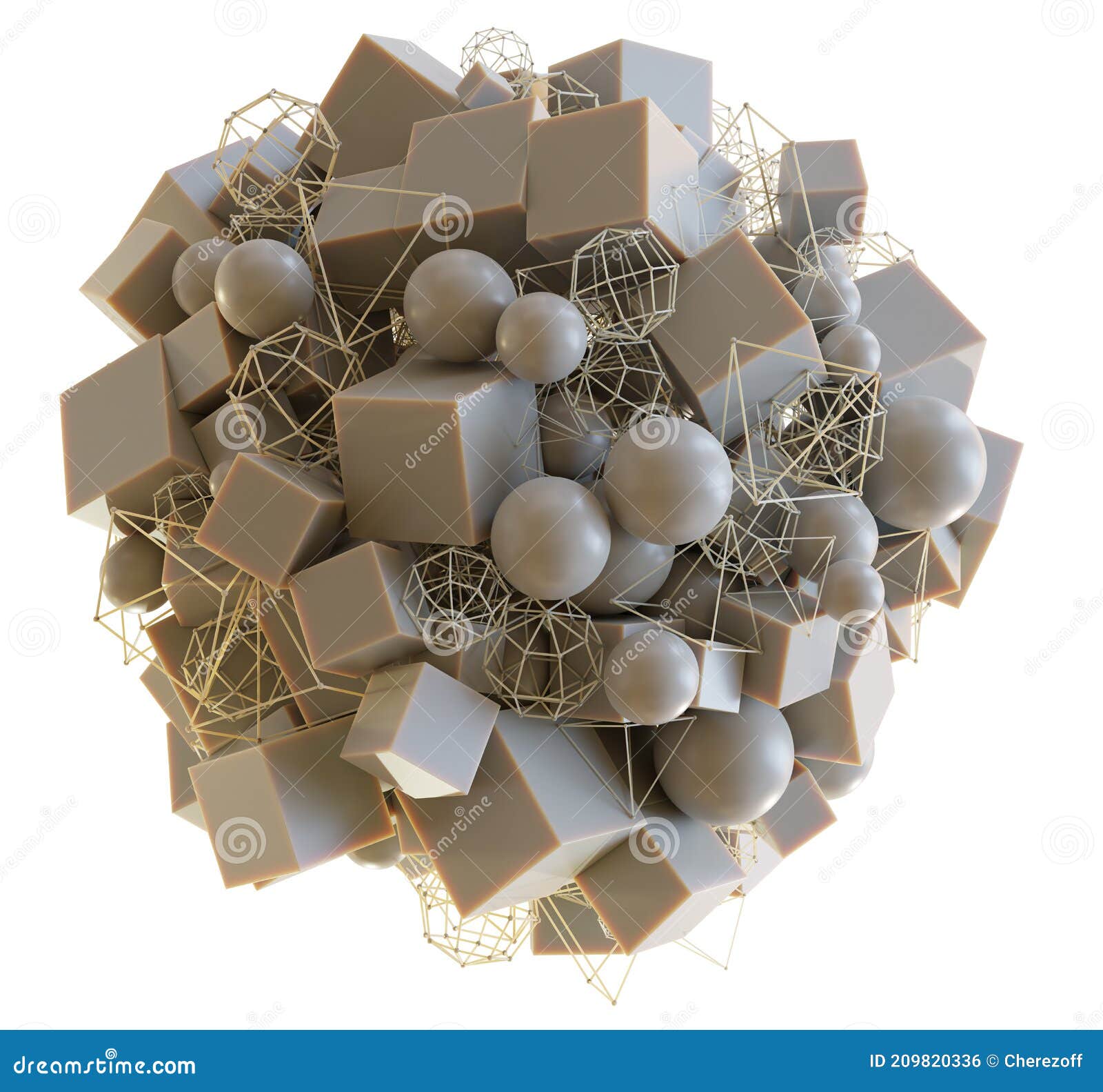 Abstract Art of Cubes, Spheres and Wireframe Objects Stock Illustration ...