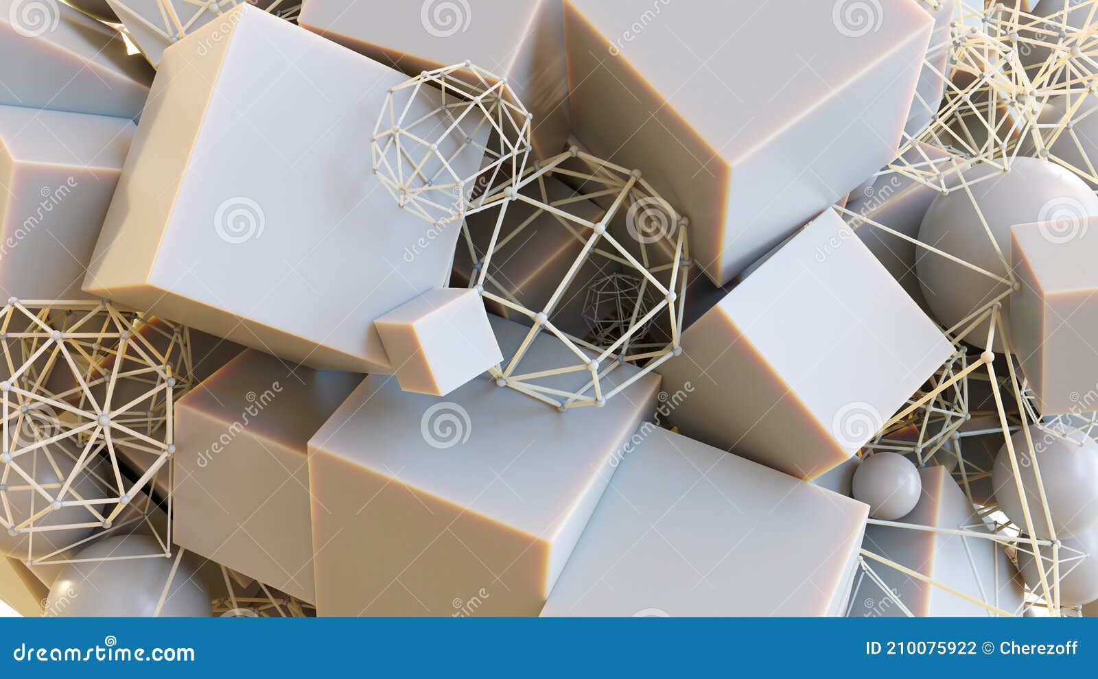 Abstract Art of Cubes, Spheres and Wireframe Objects Stock Illustration ...
