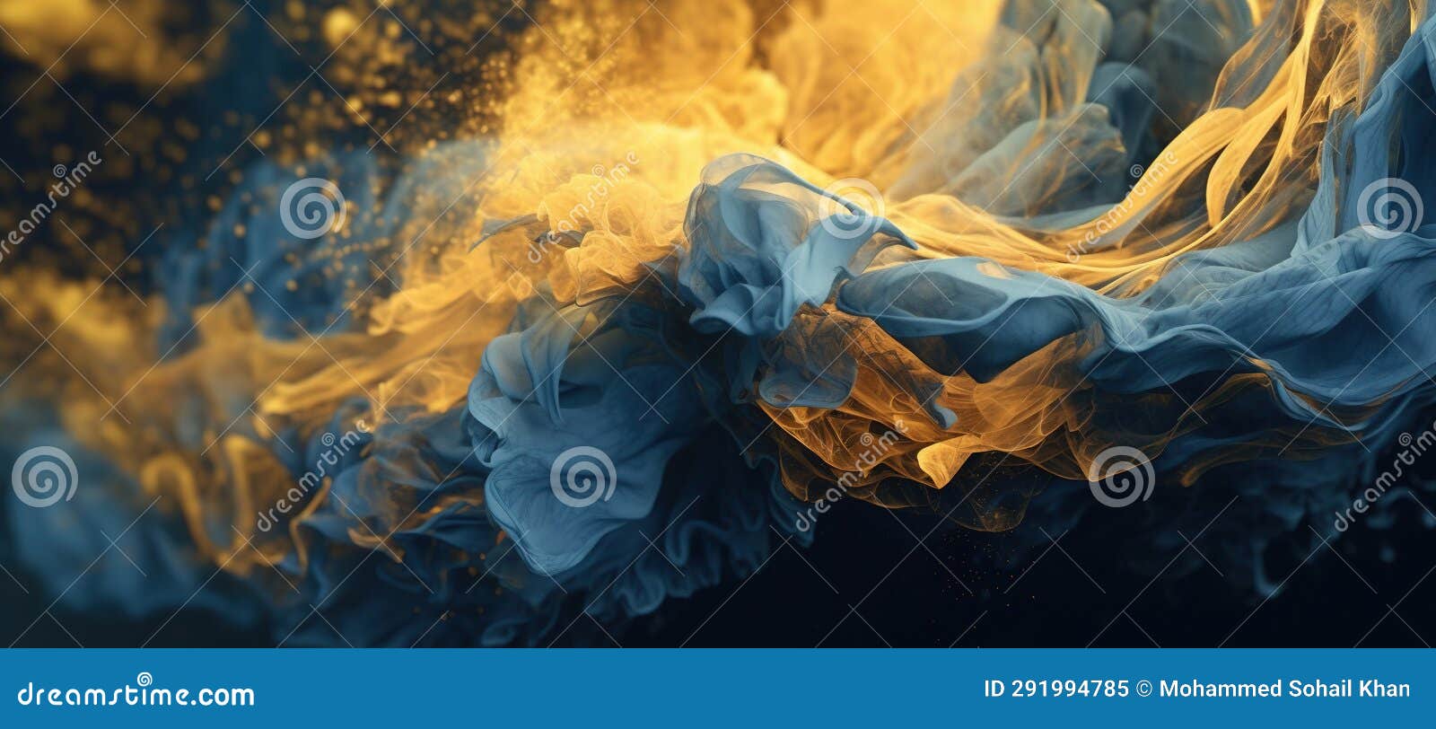 Abstract Art of Deep Cyan and Yellow Dense Liquid Smoke on Backdrop ...