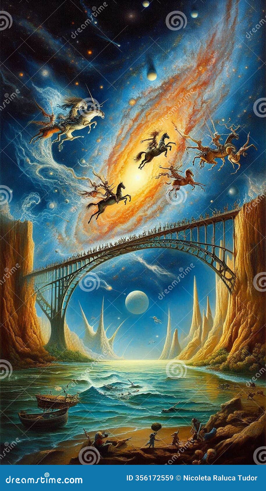 Abstract Art Composition with Surreal Flying Horses Over a Bridge Stock ...