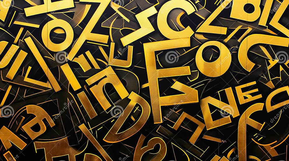 Abstract Art with Golden Letters and Symbols on a Black Background ...