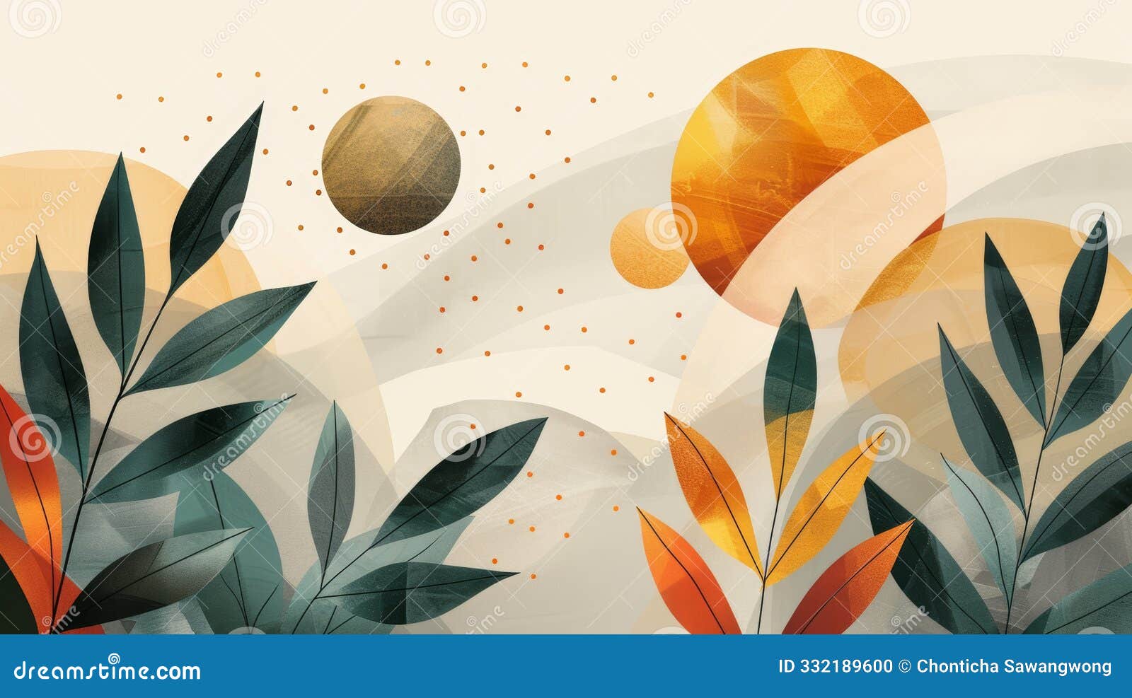 Abstract Art With Leaves And Planets In A Soft, Muted Color Palette ...