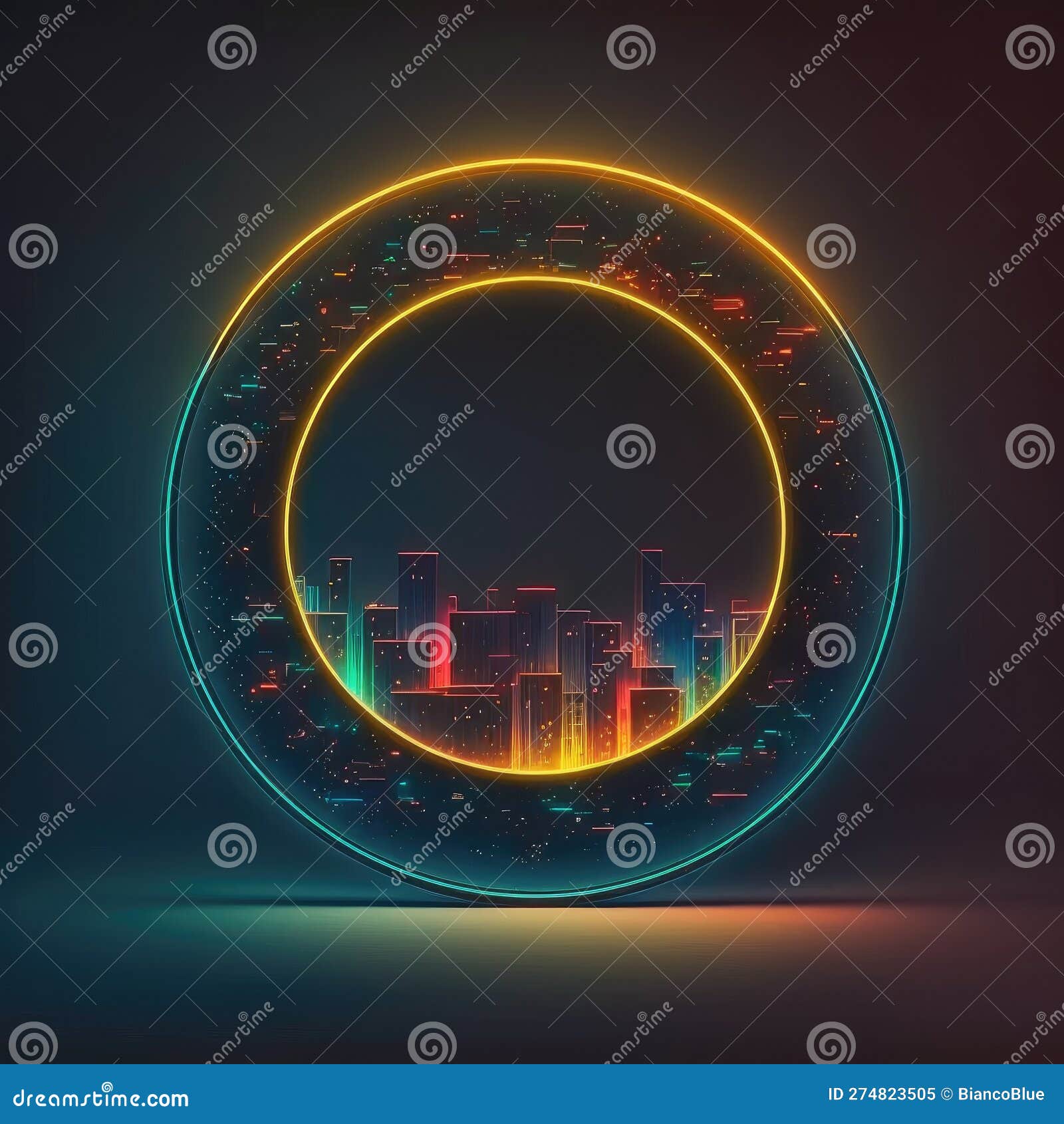Abstract Art in Skyscraper View in Neon Spotlight Circle Frame. Stock ...