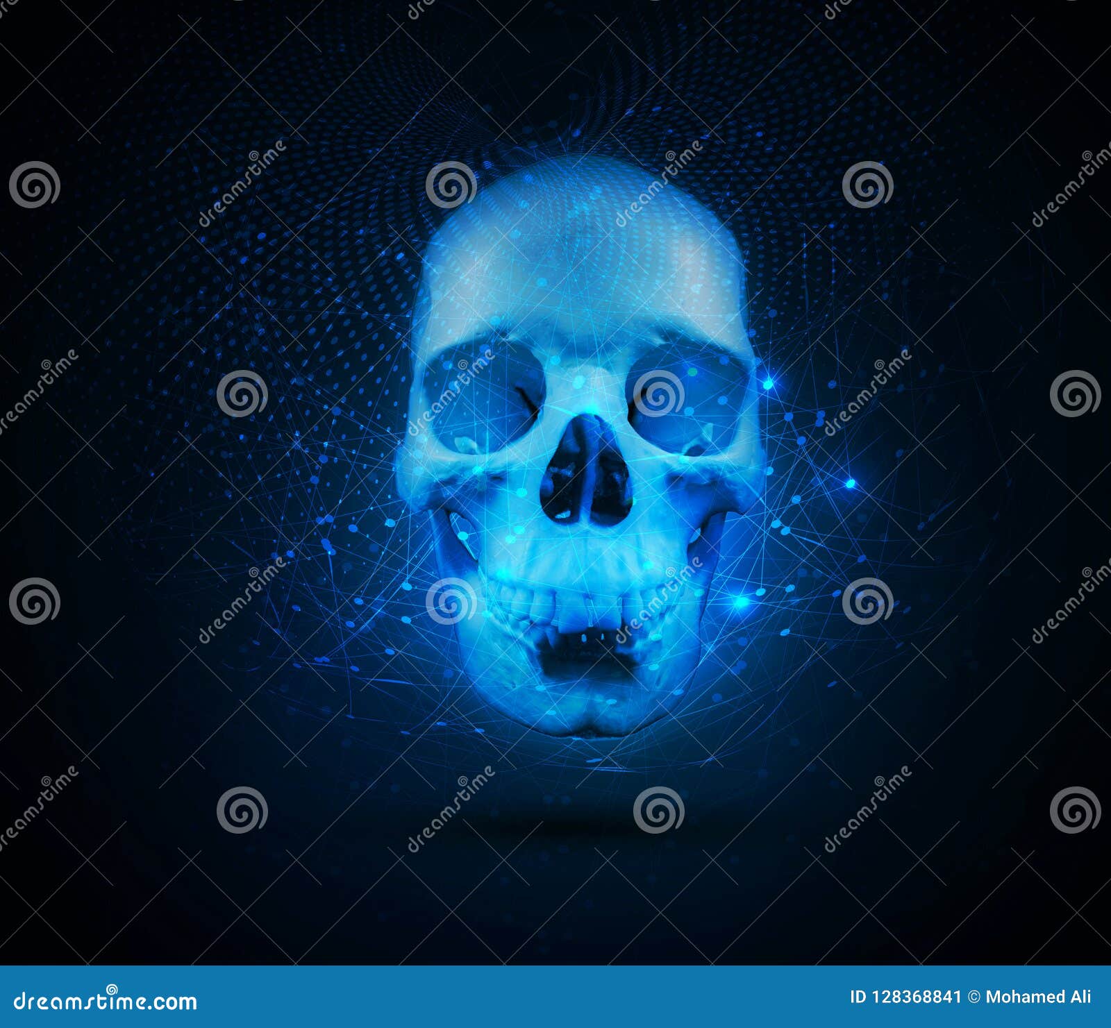 Abstract Artistic Crazy Devil Skull on a Cyan Network Background Stock ...