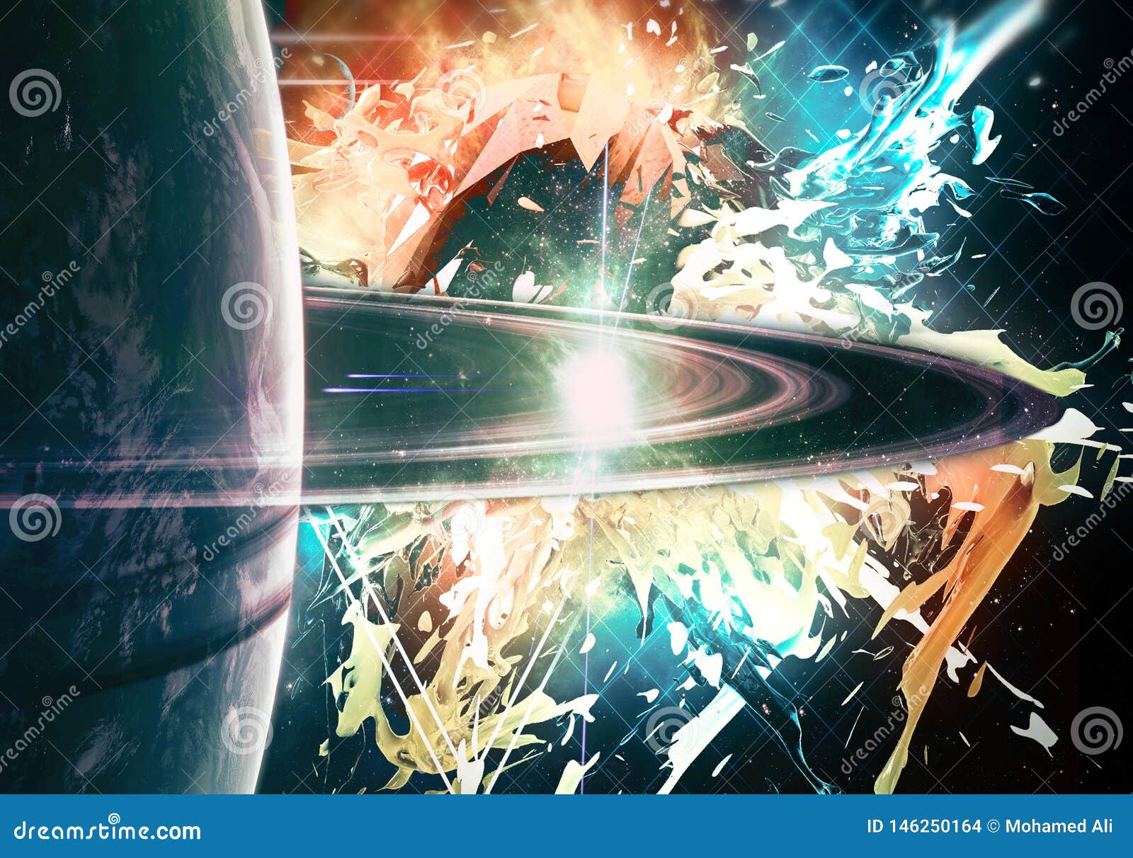 Abstract Artistic Unique Bright Planet with a Ring on a Drawn Nebula ...