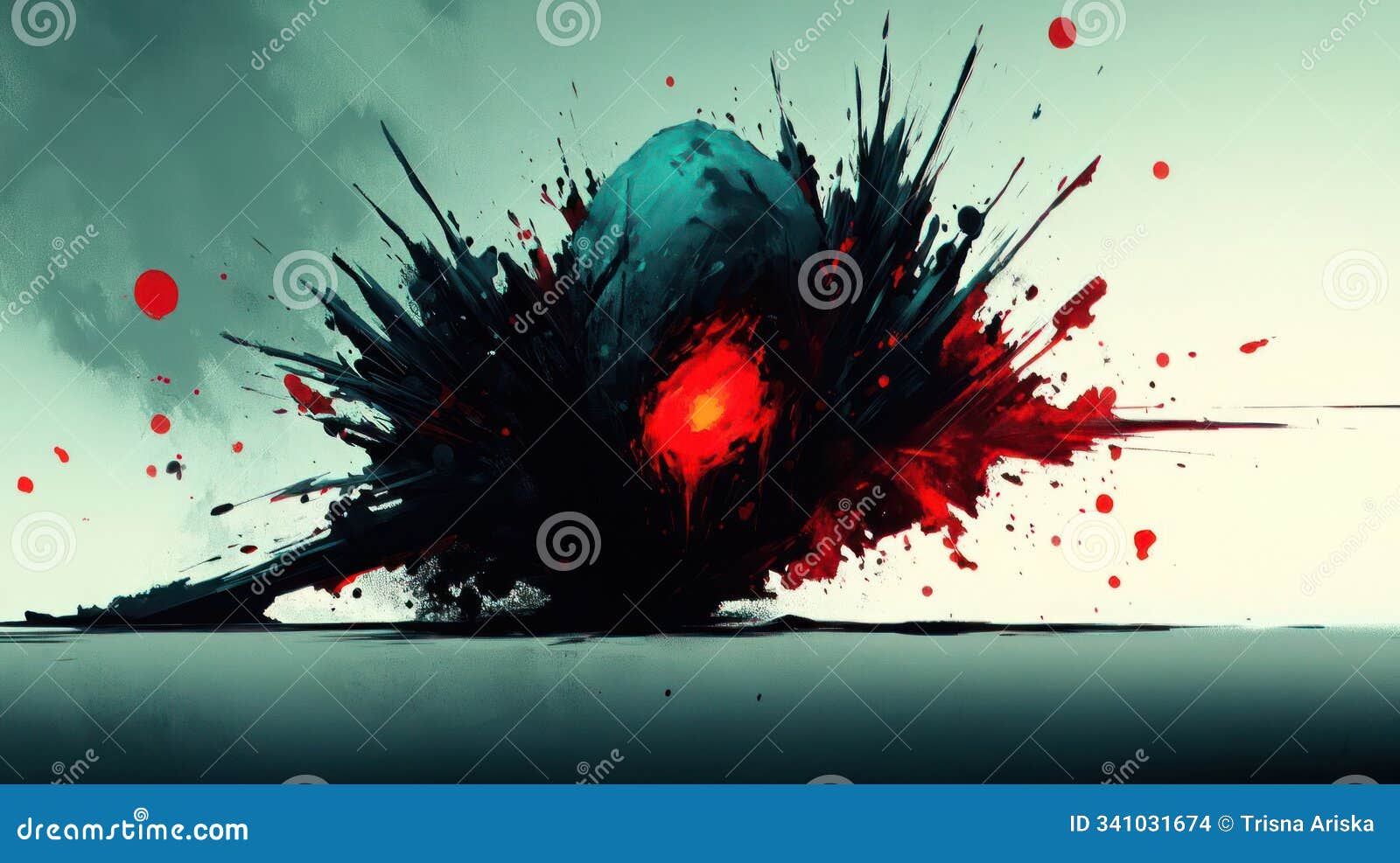 Abstract Artwork Featuring a Dark, Explosive Shape with a Glowing Red ...