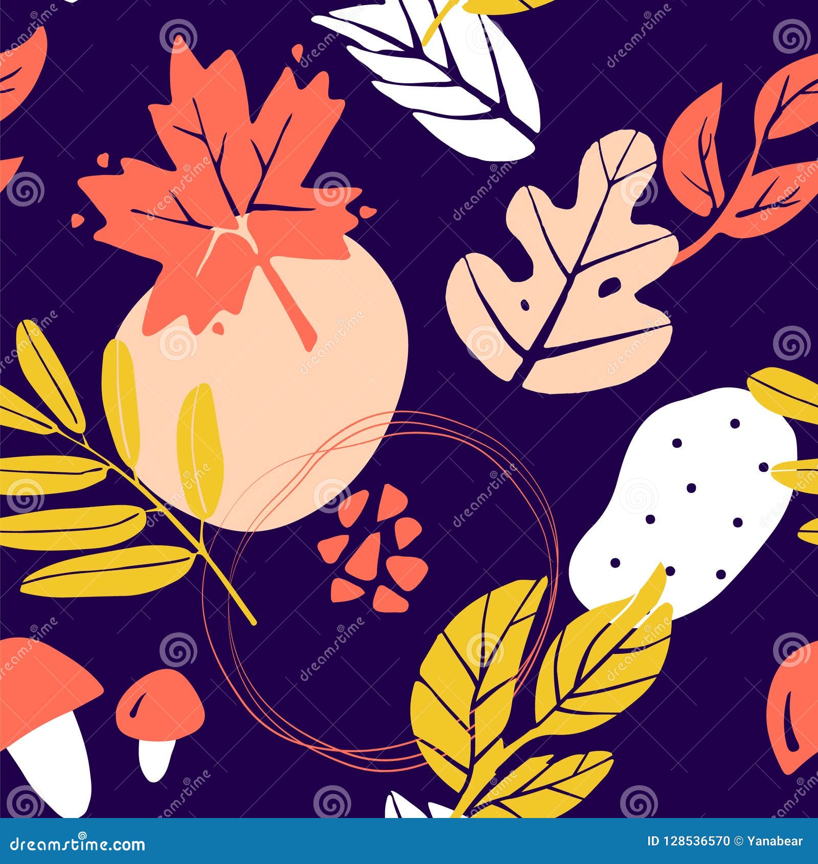 Abstract Autumn Pattern with Leaves, Mushrooms and Graphic Elements on ...