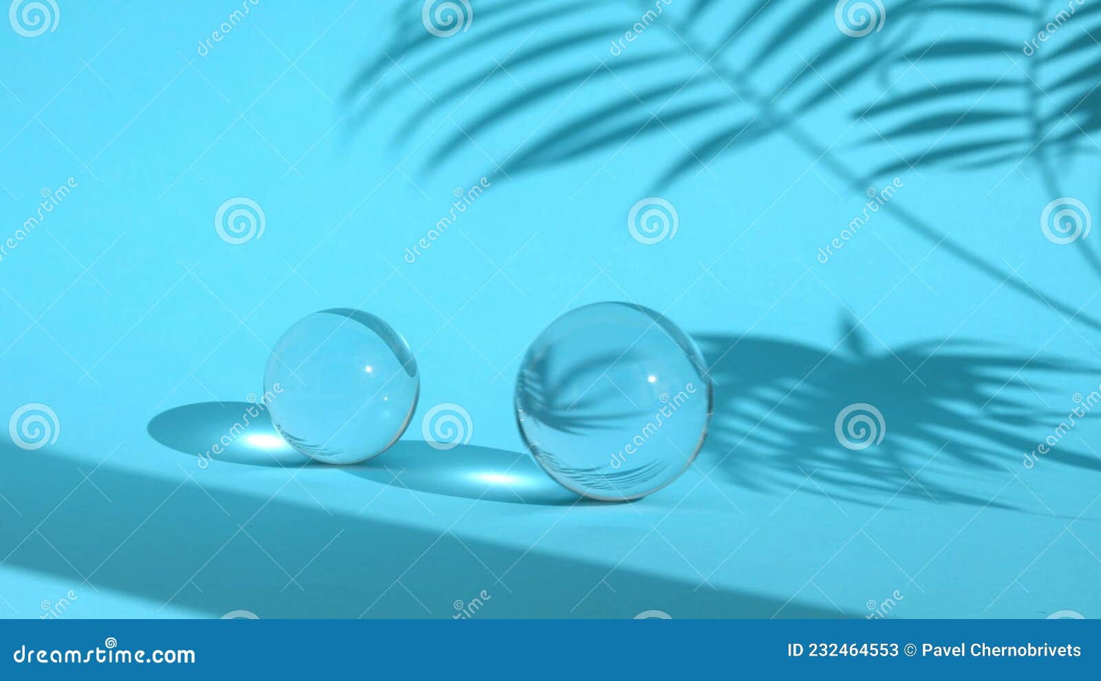 Abstract Backdrop with Glass Spheres on Blue Color Background with Sun ...