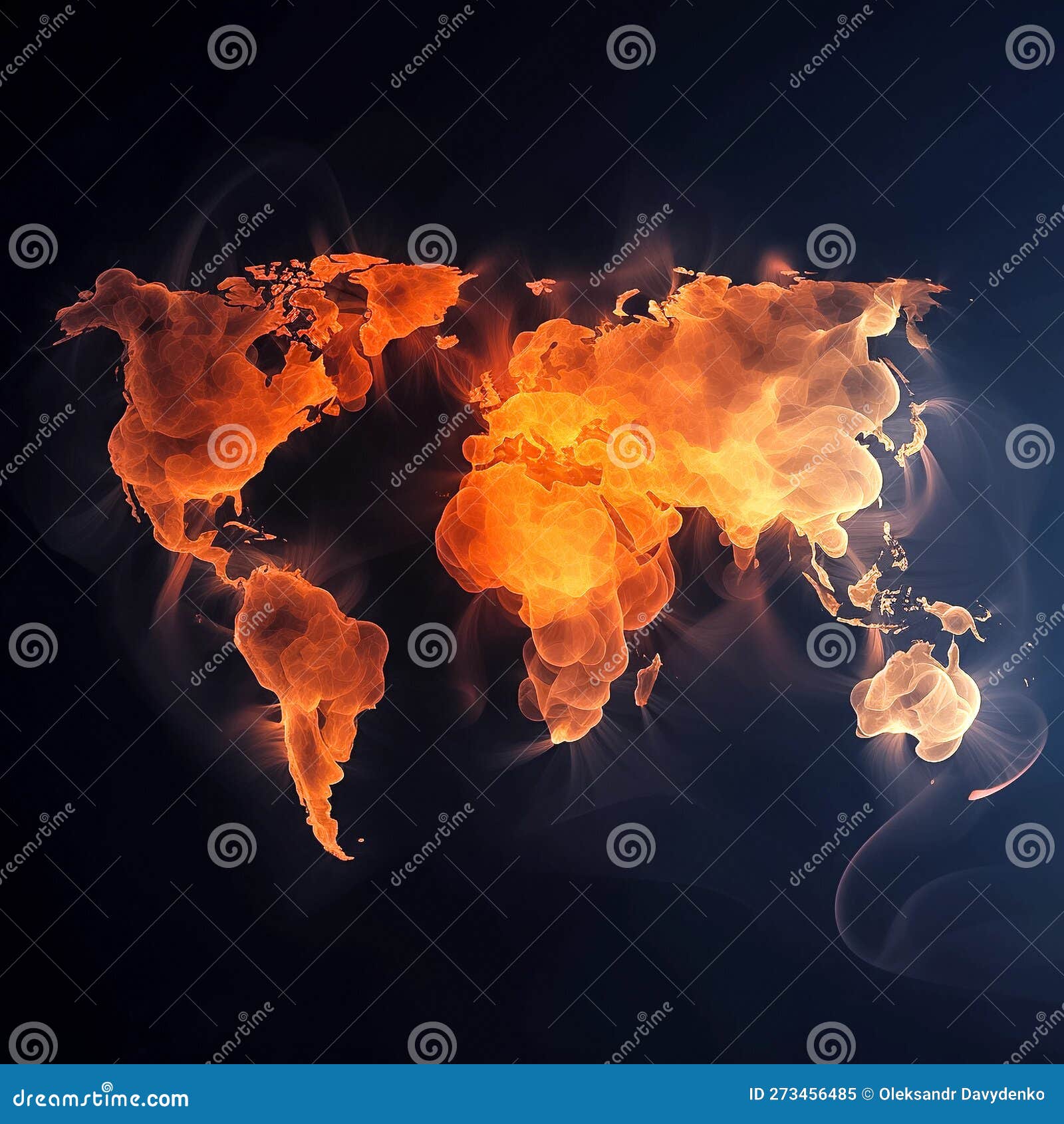 Abstract Backdrop of World Map in Fire and Smoke on a Dark Background ...
