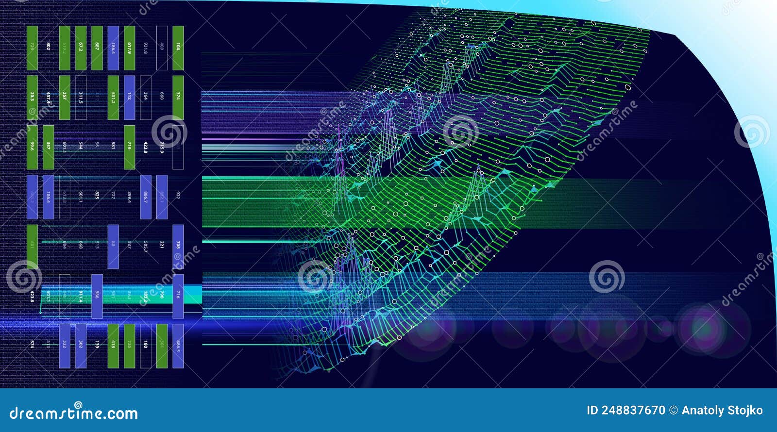 Abstract Background With Bending Color Grid And Data Visual Presentation Screen Of Analytics 3d