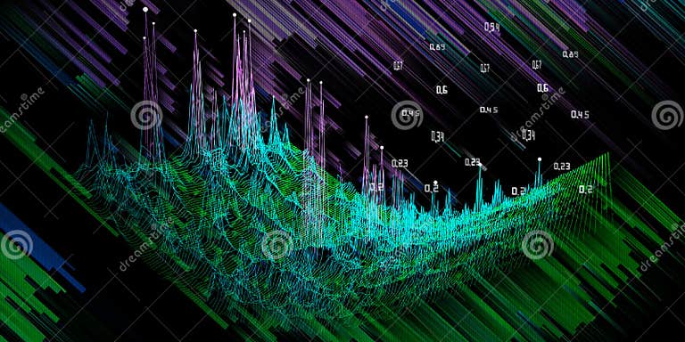 Abstract Background With Bending 3d Wireframe Grid Data And Color Lines Visual Presentation Of