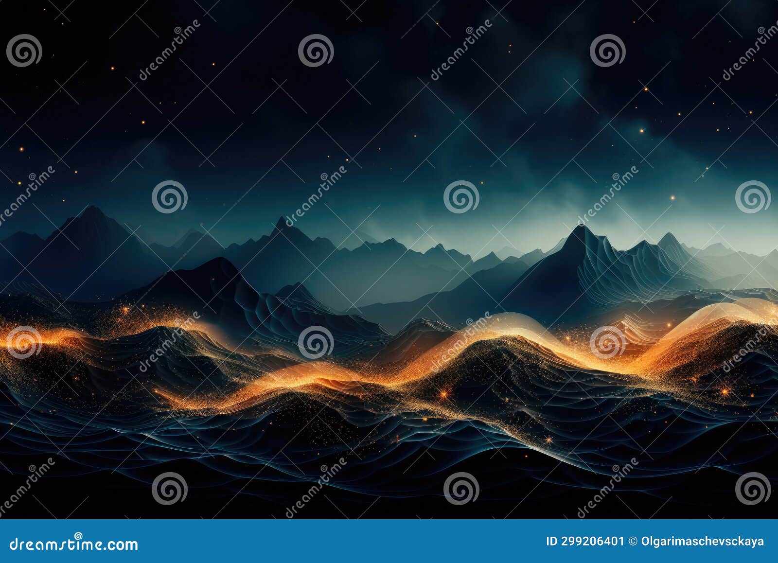 Abstract Background of Blue and Gold Landscape with Mountains at Night ...