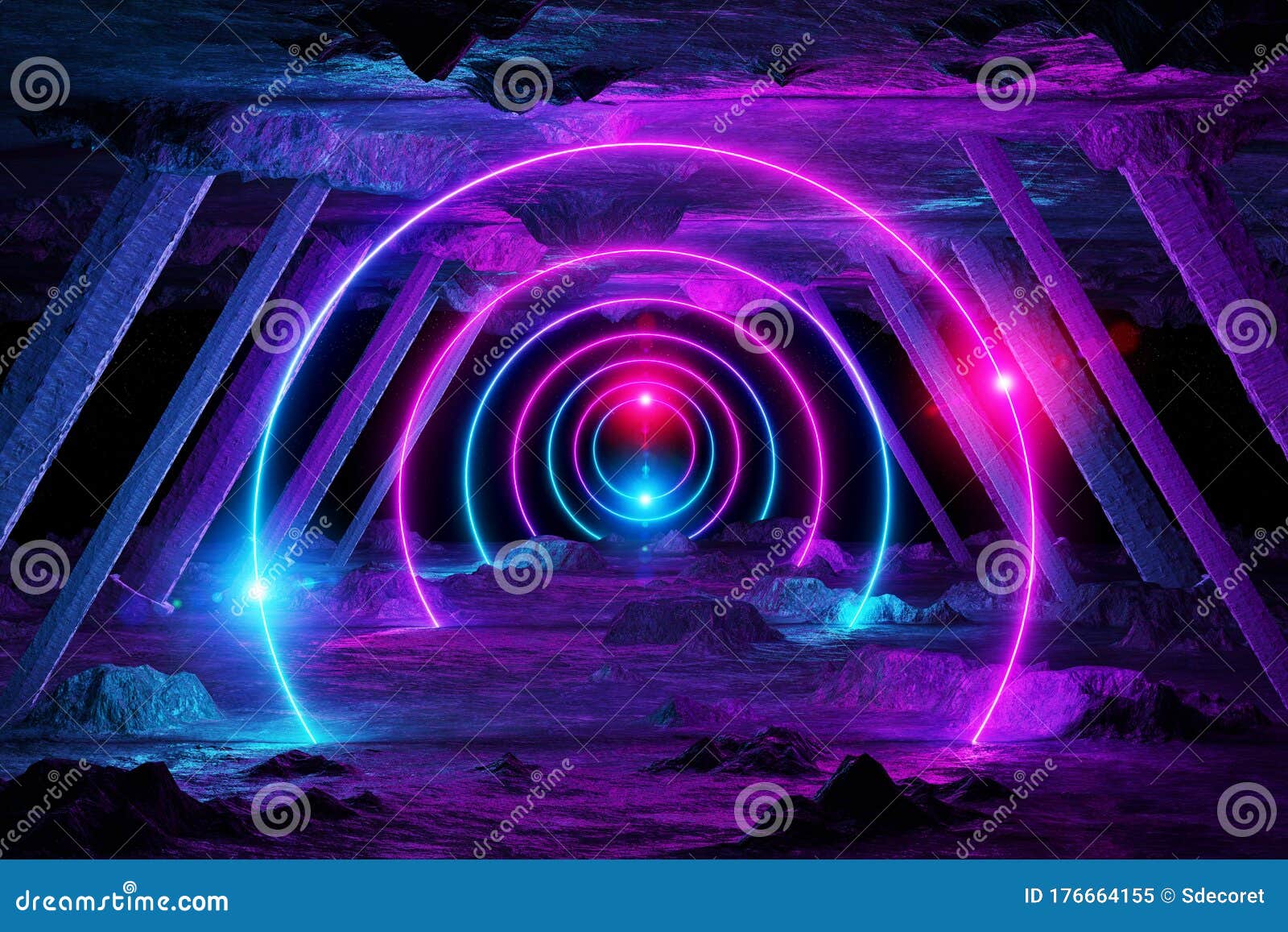 Abstract Background with Blue and Pink Neon Light Circles Reflecting on ...