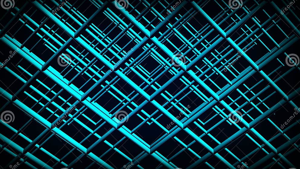 Abstract Background with Blue Squares and Neon Frames on a Dark ...