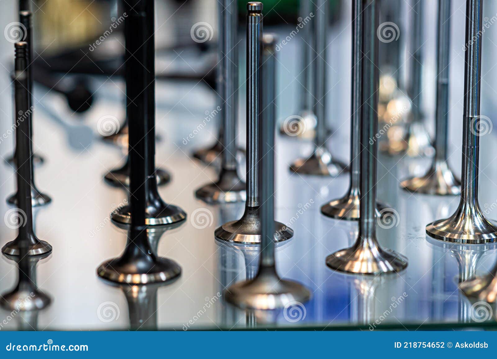 Abstract Background with Car Engine Valves in a Glass Showcase, Closeup ...