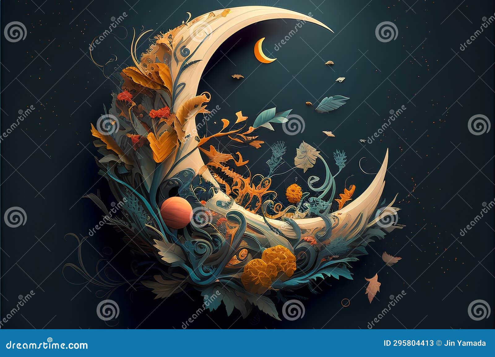 Abstract Background with Crescent Moon and Flowers. 3d Illustration ...