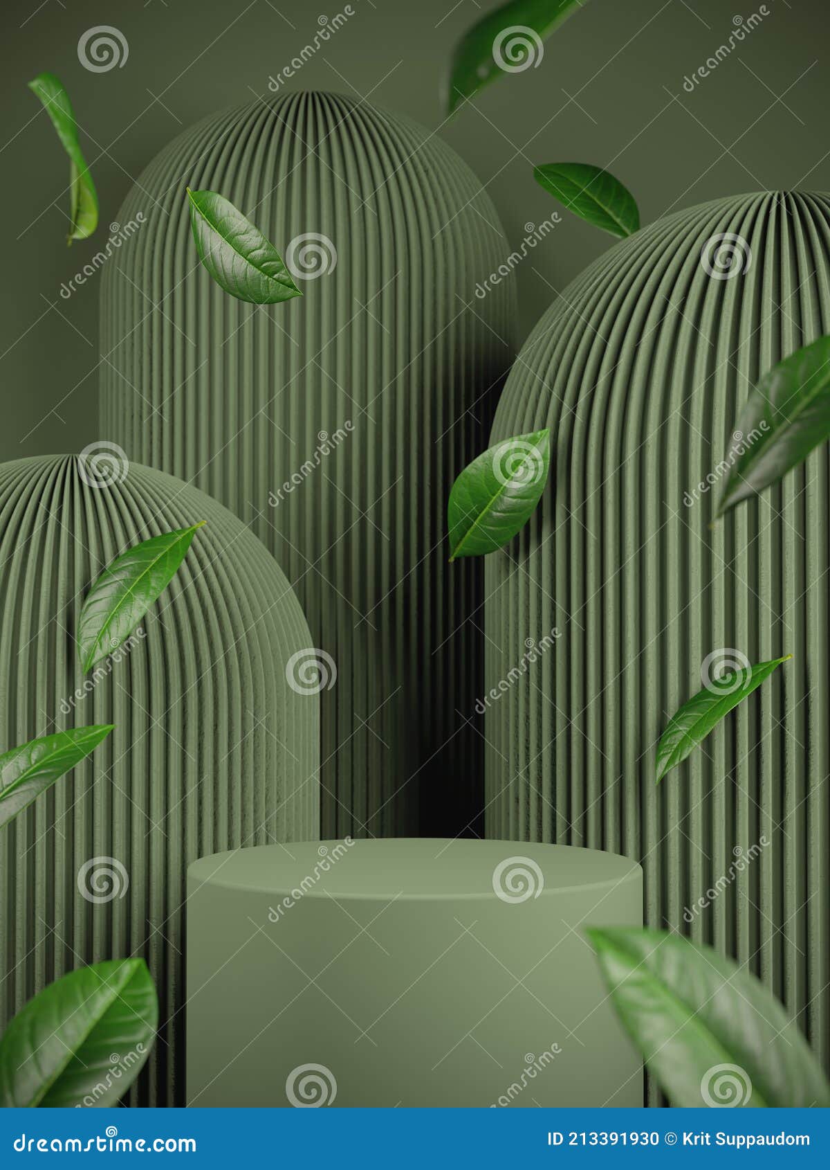 Abstract Background 3d Render Mockup Green Podium with Leaf Fall and ...