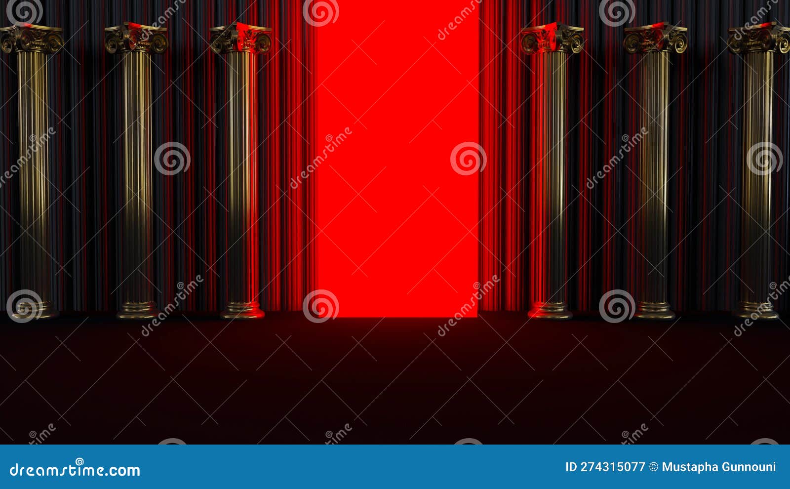 Abstract Background, Dark Hallway Columns with Glowing Red Light in the ...