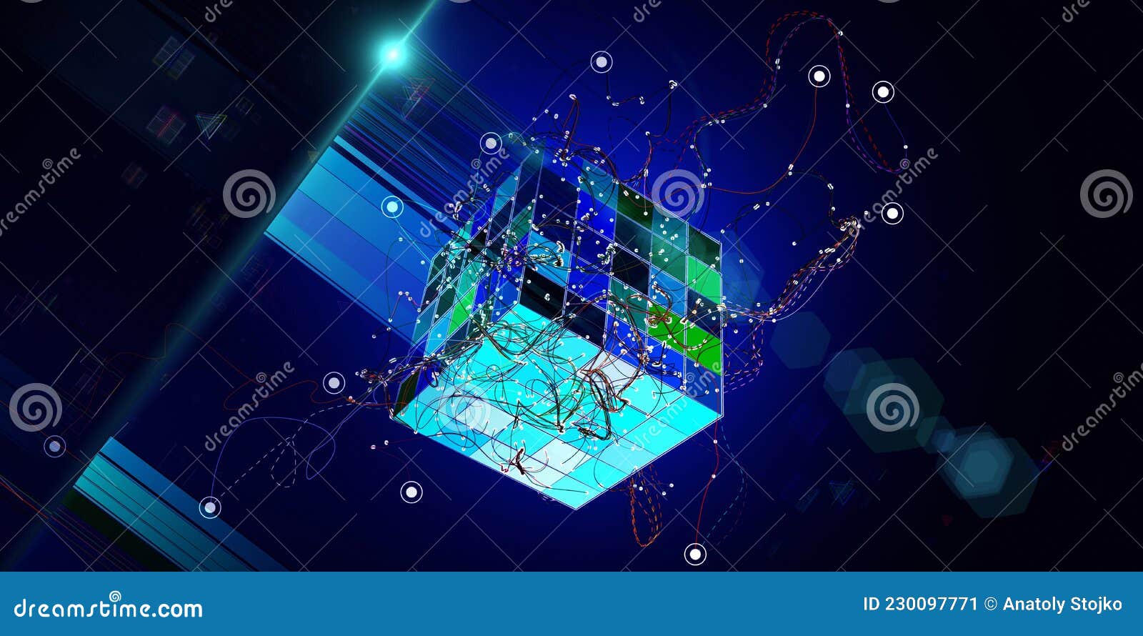 Abstract Background With Dashed Lines Connecting Dots Of Cube And Blurred Lines Analytics