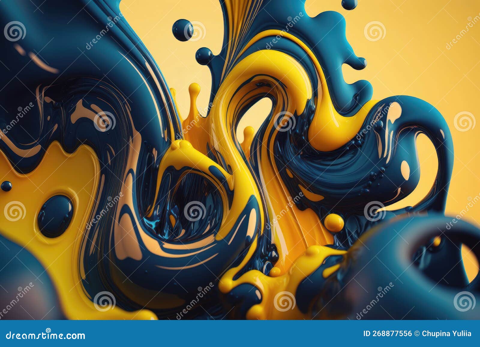 Abstract Background of Drops of Blue and Yellow Liquid in 3d Style. AI ...
