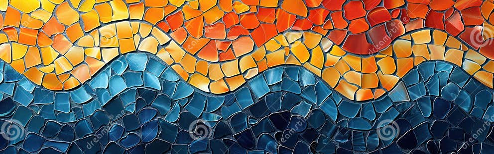 Blue Orange Mosaic Tile Wall Texture with Waving Waves Shapes ...