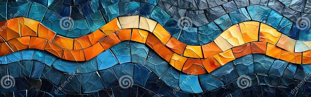 Blue Orange Mosaic Tile Wall Texture with Waving Waves Shapes ...