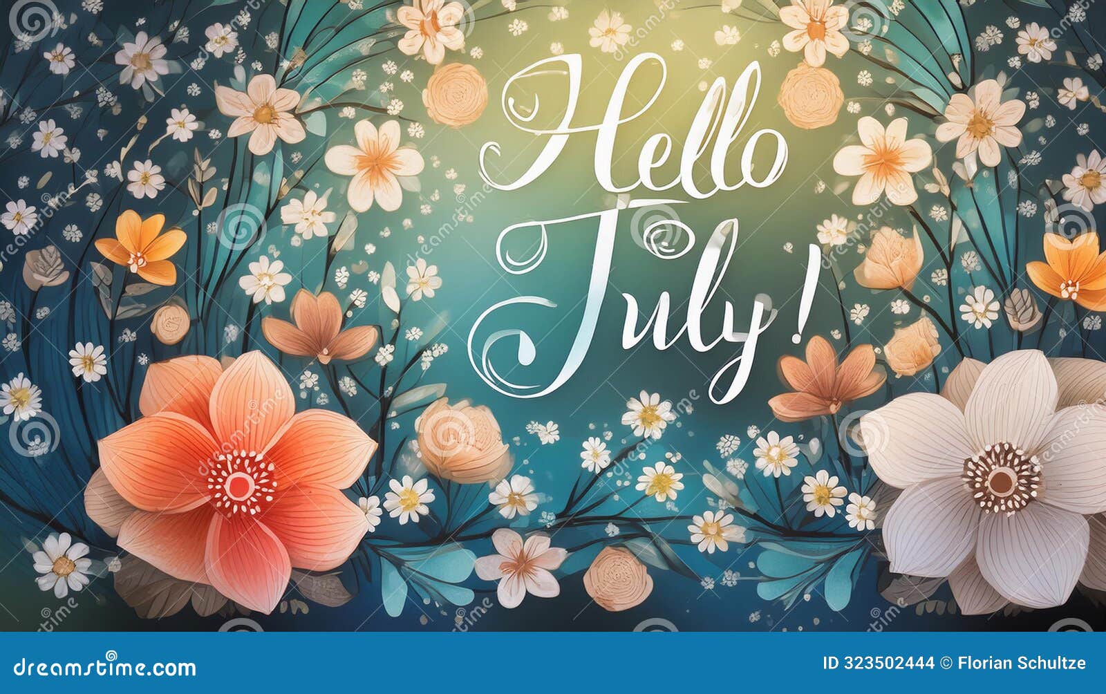 Abstract Background with Flowers Frame Around. Hello July - Modern ...