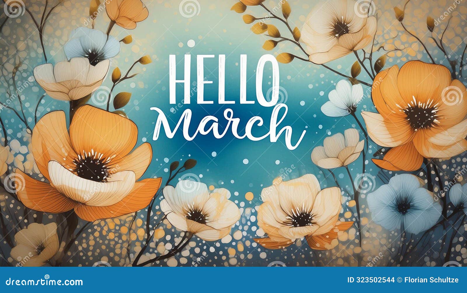 Abstract Background with Flowers Frame Around. Hello March - Modern ...