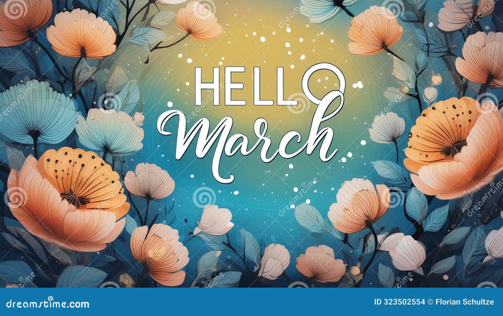 Abstract Background with Flowers Frame Around. Hello March - Modern ...