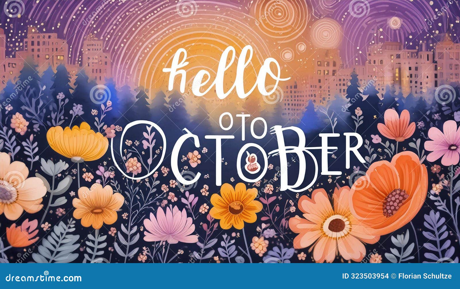 Abstract Background with Flowers Frame Around. Hello October - Modern ...