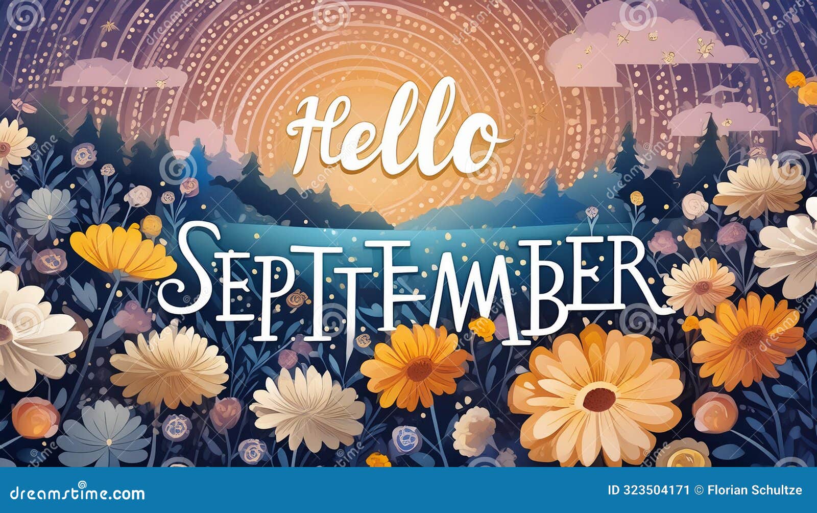 Abstract Background with Flowers Frame Around. Hello September - Modern ...