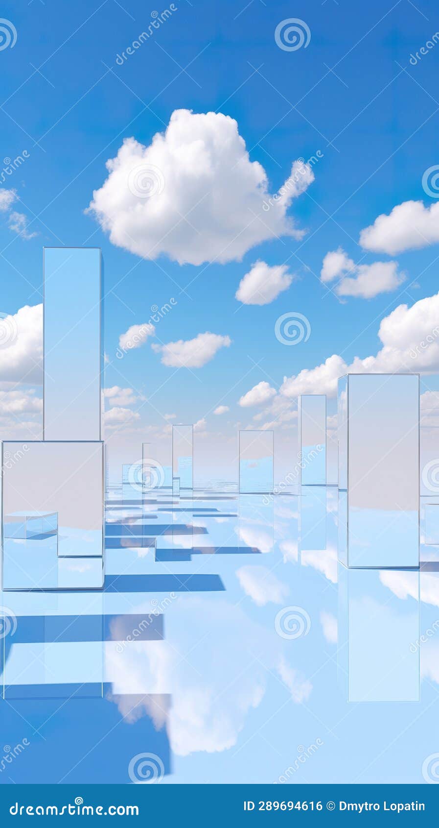 Abstract Background with Flying Cube and Rectangle Shapes in Blue Sky ...