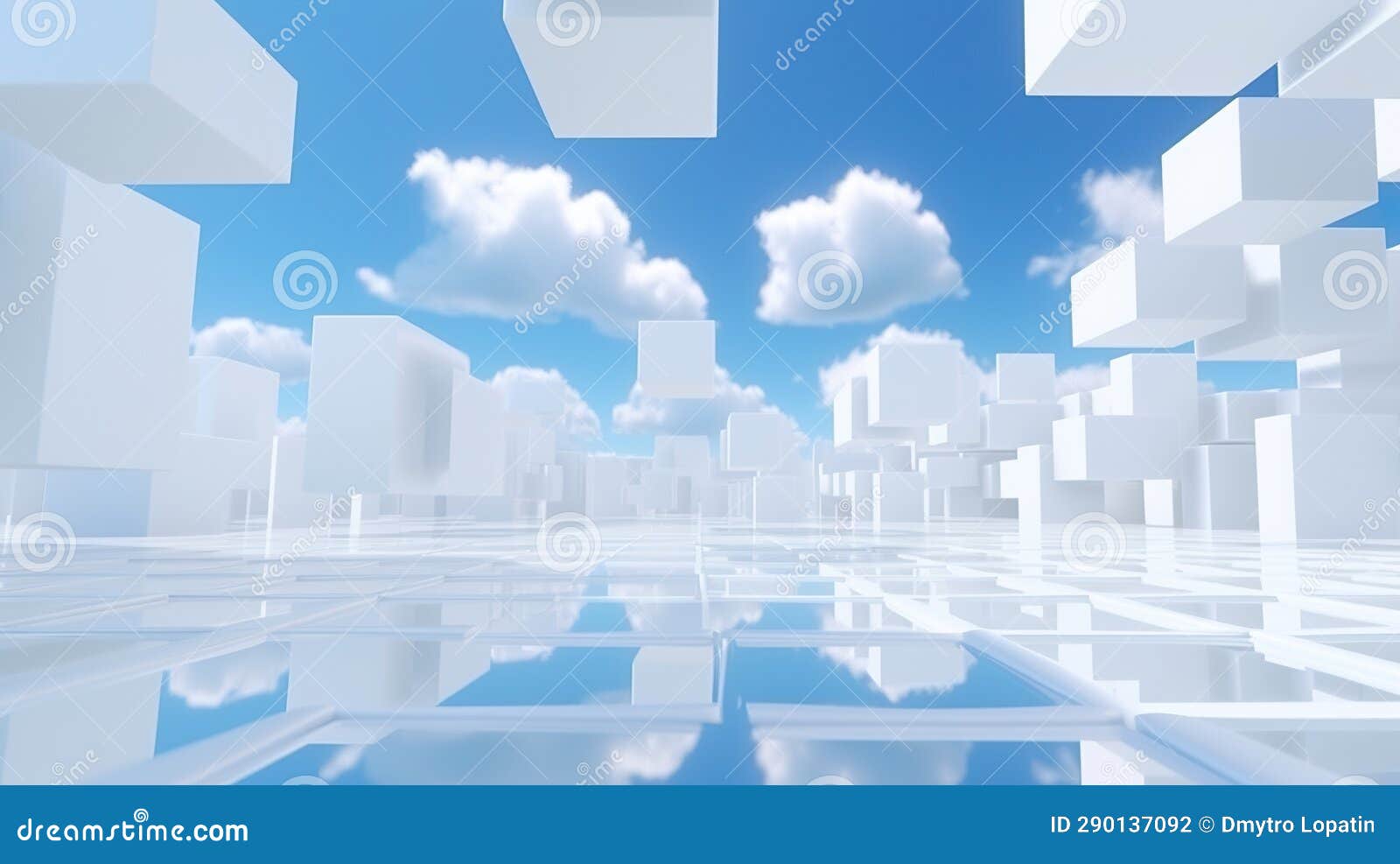 Abstract Background with Flying Cube and Rectangle Shapes in Blue Sky ...