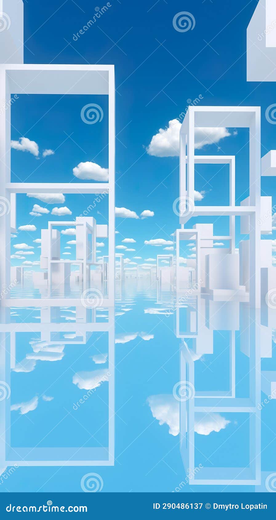 Abstract Background with Flying Cube and Rectangle Shapes in Blue Sky ...