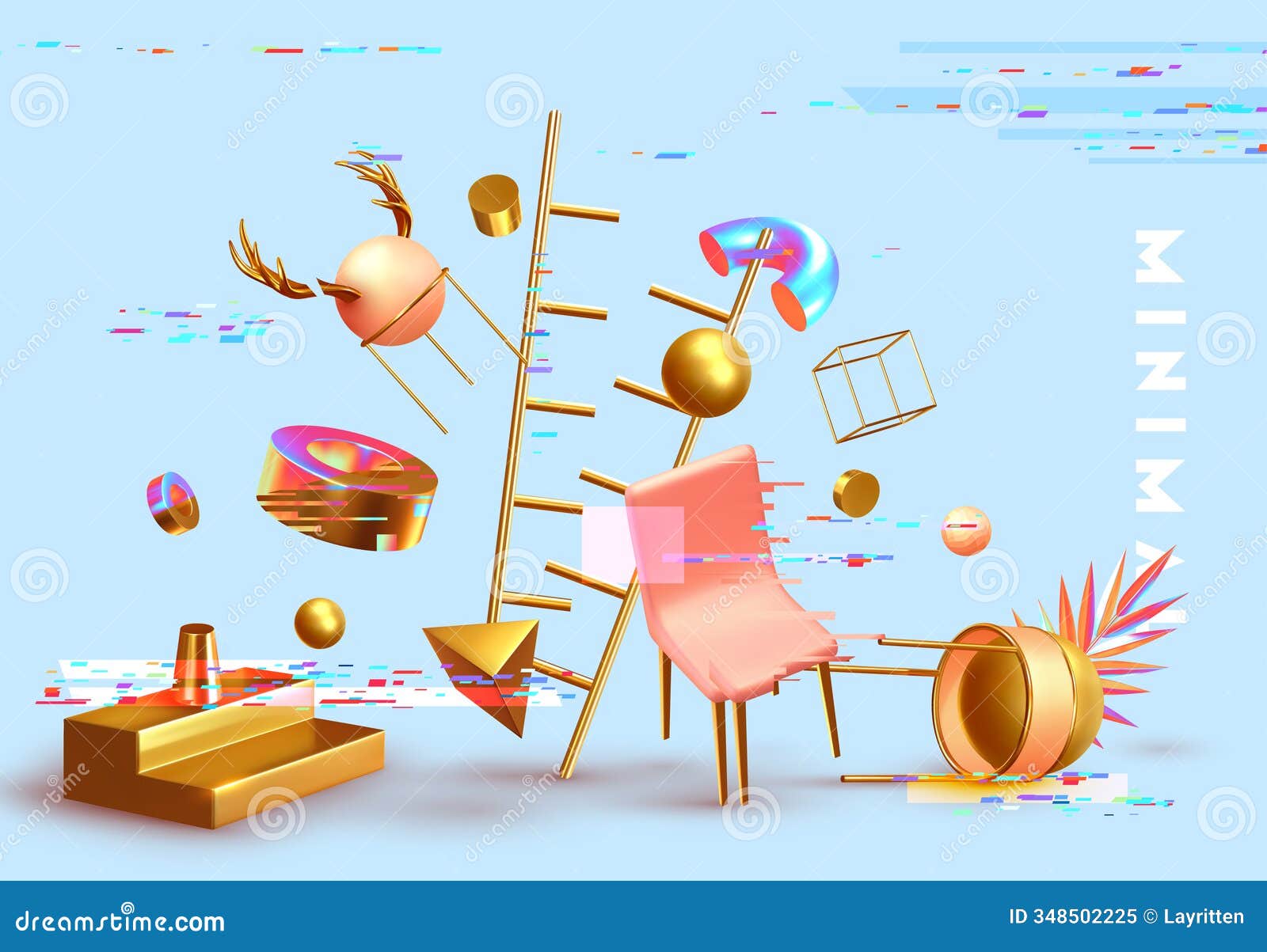 Abstract Background with Glitch Effect and Realistic Geometric Objects ...