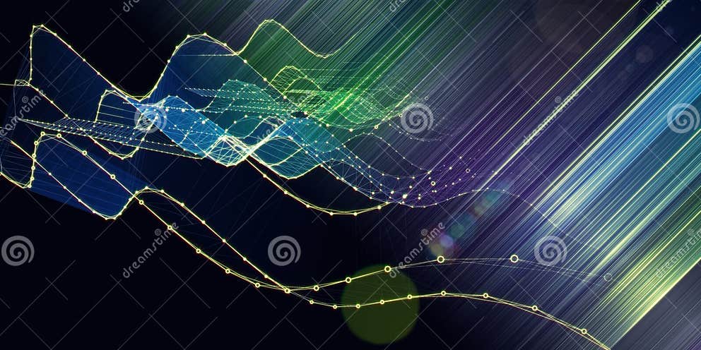 Abstract Background Graph Wavy Color Lines with Dots and Glow on Dark ...